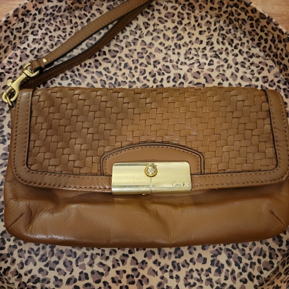 Coach | Bags | Coach Kristin Saddle Woven Leather Flap Wristlet | Poshmark
